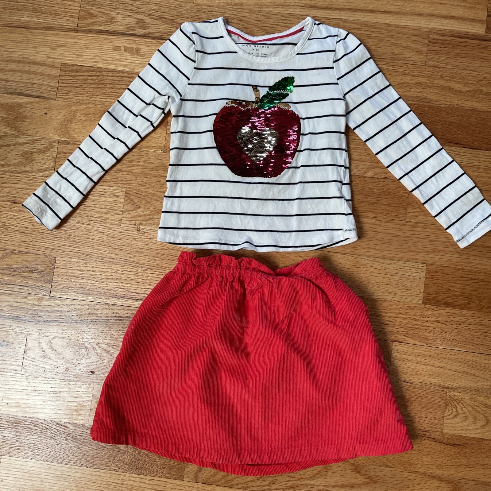 Max studio kids apple red Sequence Top corduroy skirt set Size 5/6 fits ...