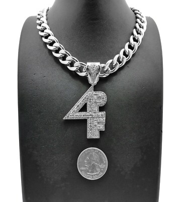 Mens Hip Hop Full Iced 4PF Pendant 11mm 20" Cuban Link Chain White Gold ...