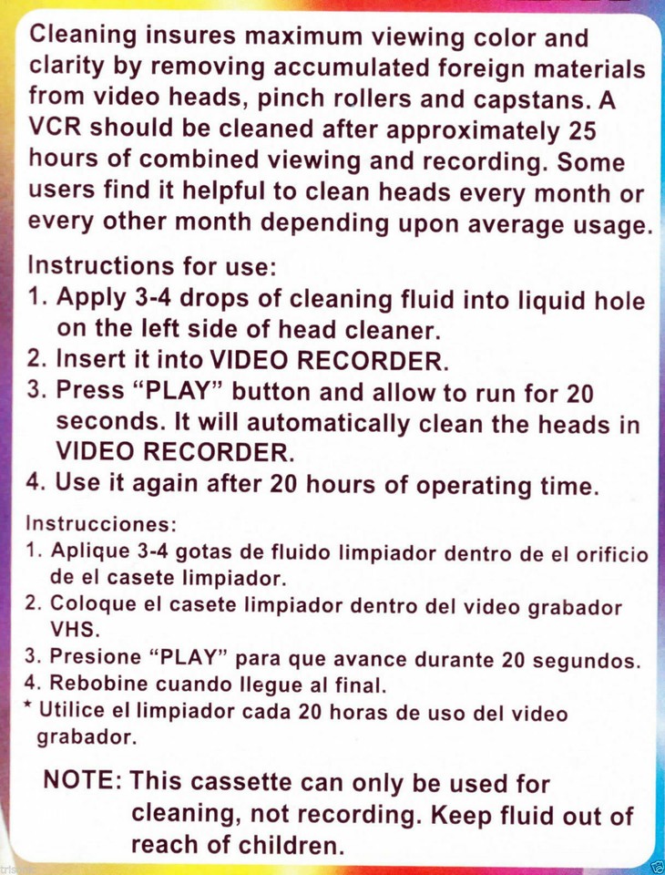 Video Head Cleaner For VHS VCR Player Recorder NEW FAST FREE SHIPPING ...