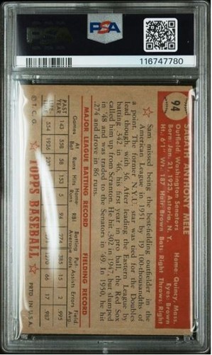 1952 Topps Sam Mele Signed Baseball Card #94 PSA 4 DNA 9 Auto Certified ...