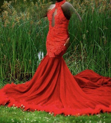New Red Sleeveless Turtleneck Prom Dress With Embellishing And Feathers ...