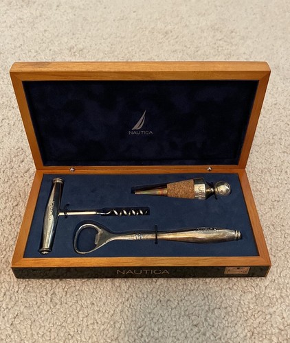 NAUTICA Wine Gift Box Set Silver Plate Corkscrew Stopper Opener Walnut ...