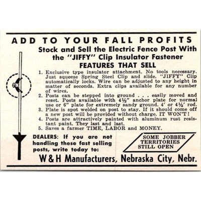 W & H Manufacturers Jiffy Clip Insulator Fastener Nebraska City 1953 AD ...