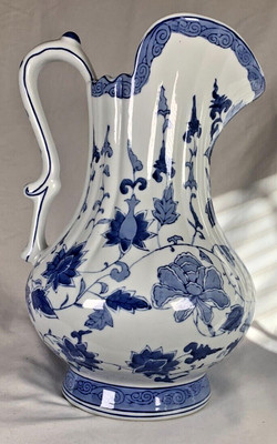 Decorative Ceramic Pitcher/Flower Vase 12" Tall Blue and White Floral ...