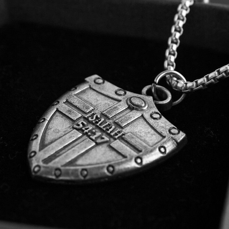 Mens Silver Bible Verse Isaiah Cross Shield Pendant Christian Necklace ...
