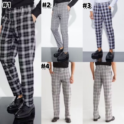 Mens Checker Pants Slim Fit Plaid Checkered Stretch Casual Work Pants ...