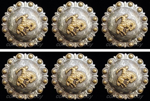 Set of 6 WESTERN HORSE TACK GOLD BRONC RIDER BERRY SADDLE CONCHOS 1 ...