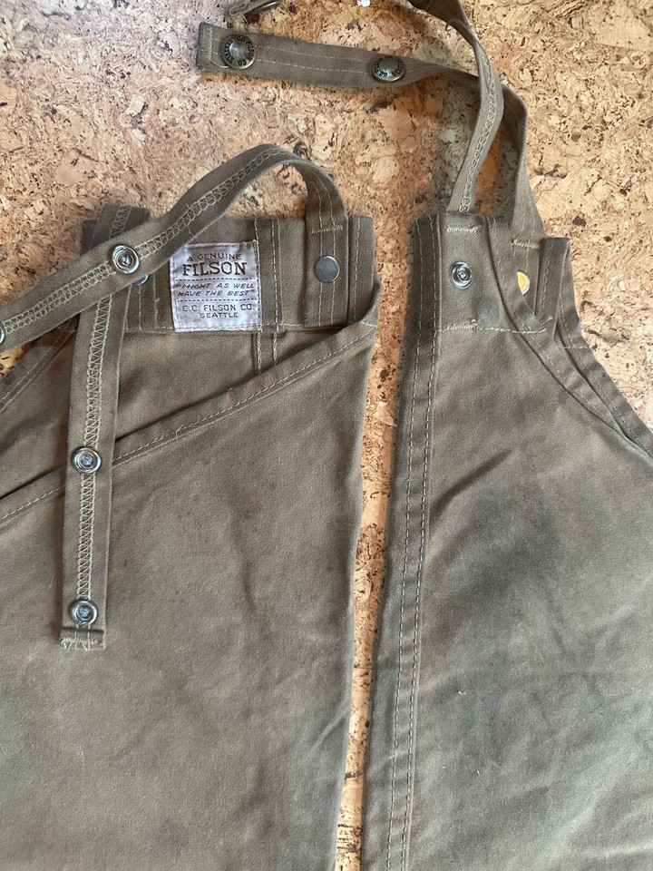 Vtg CC Filson Tin Oil Cloth Chaps Tan Work USA Long Brown Waxed 26 ...