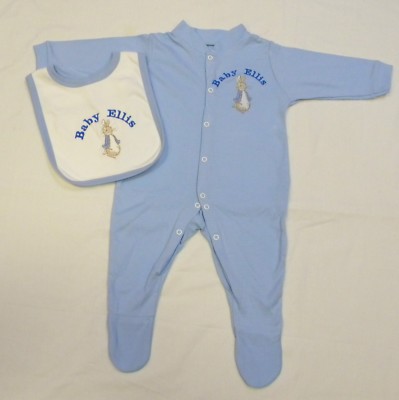 Personalised Peter Rabbit babygro and bib set with name 100% cotton ...