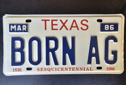 1986 Sesquicentennial TEXAS Vanity Personalized License Plate TX # BORN ...