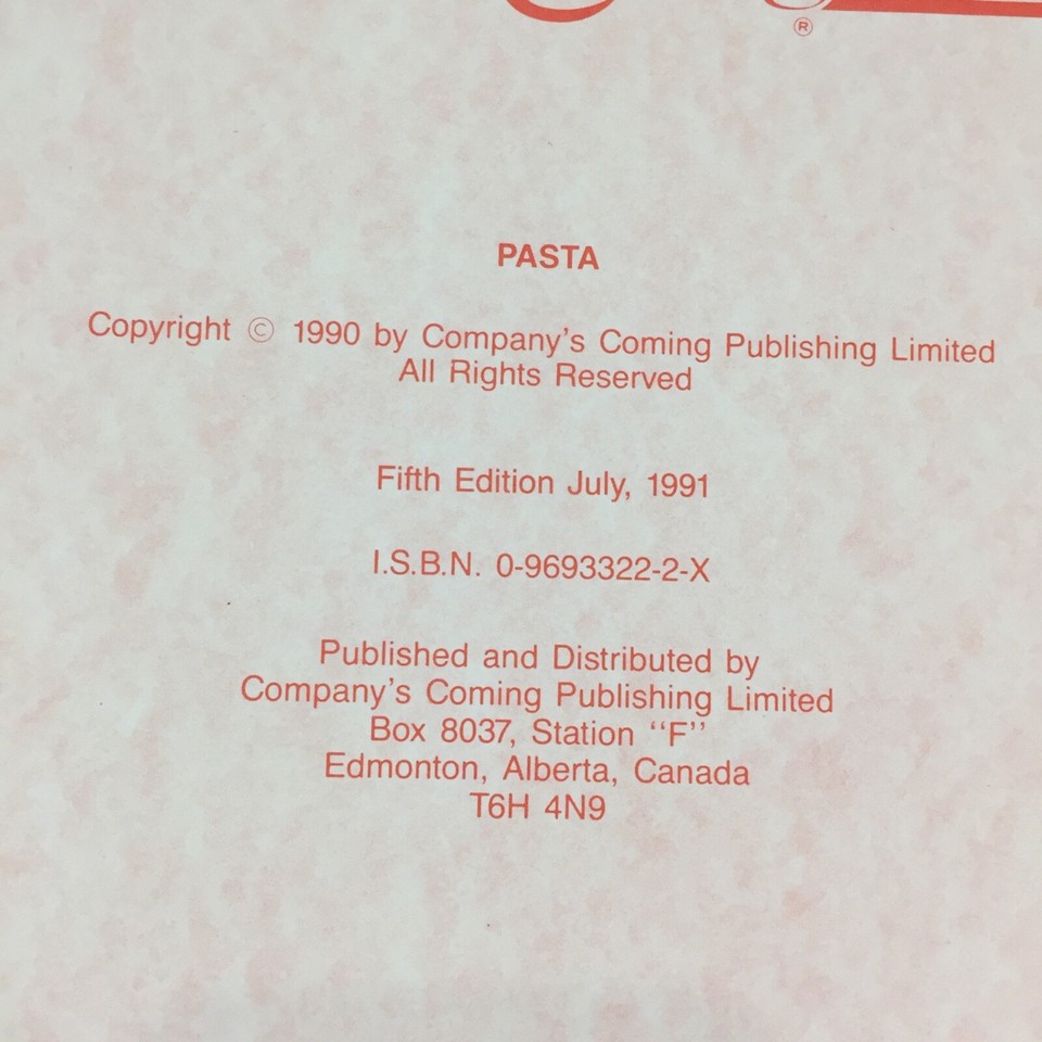 1991 Company’s Coming PASTA Cookbook by Jean Pare 5th Printing Spiral ...