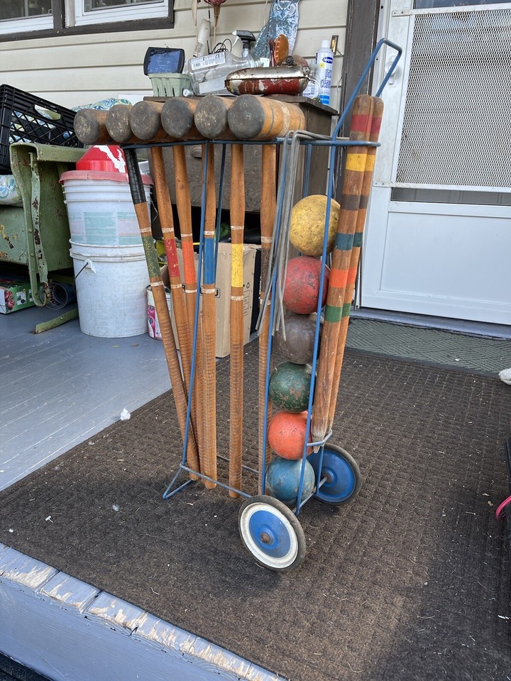 Vintage WOOD CROQUET SET w CADDY metal carrier stand rack rolling lawn ...