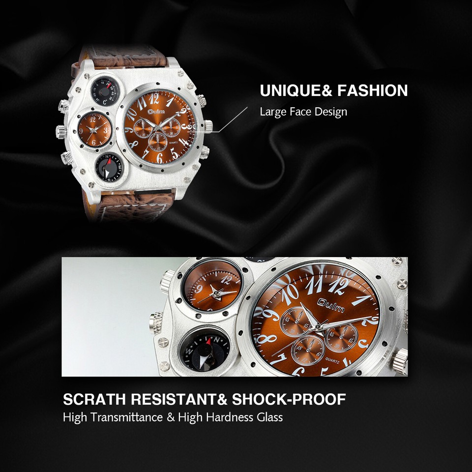 Men's Sport Army Multi-functional 2 Time Zones Dial Leather Quartz ...