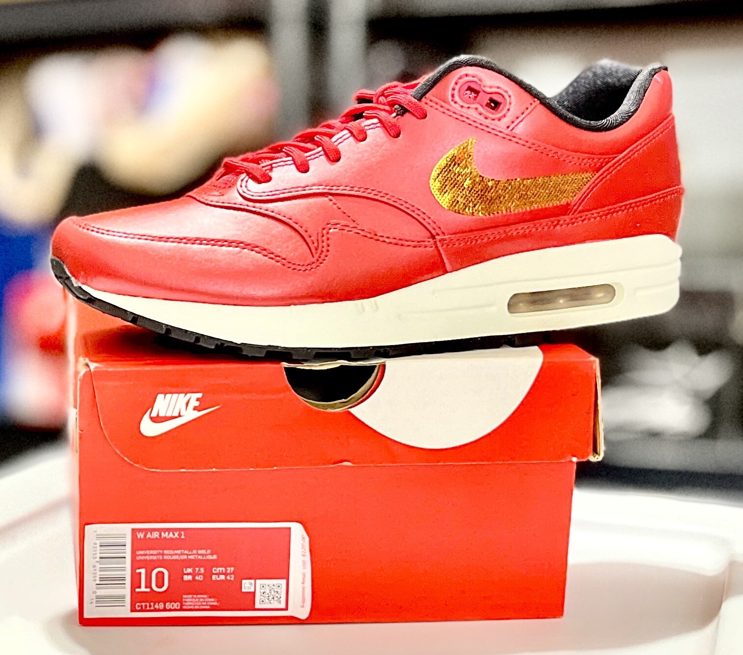 NIKE WOMEN'S W AIR MAX 1 UNIVERSITY RED METALLIC GOLD BLACK CT1149 600 ...