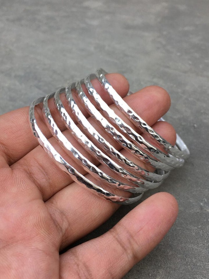 Solid 925 Sterling Silver Bangles, Hammered Bangles Stacking Set of 7 Bangles | eBay
