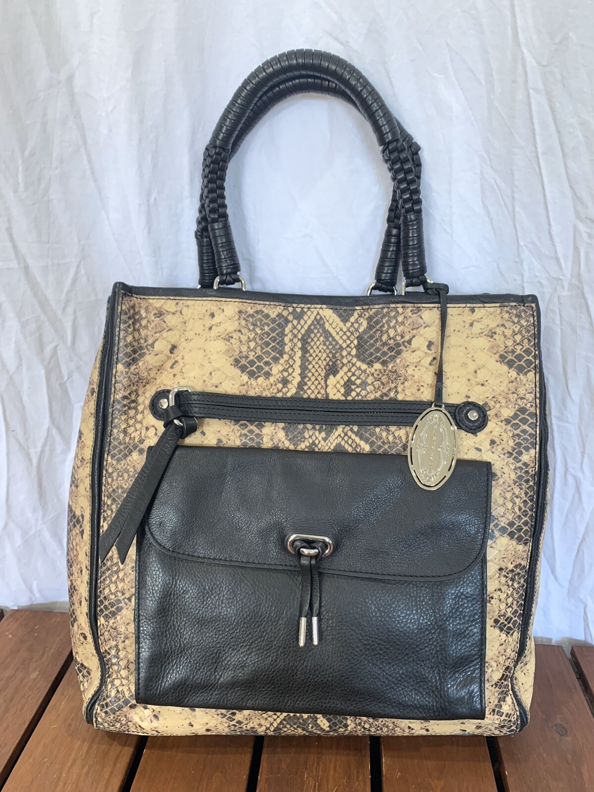 ELIE TAHARI Snake Print and Black Leather Trim Satchel Bag | eBay