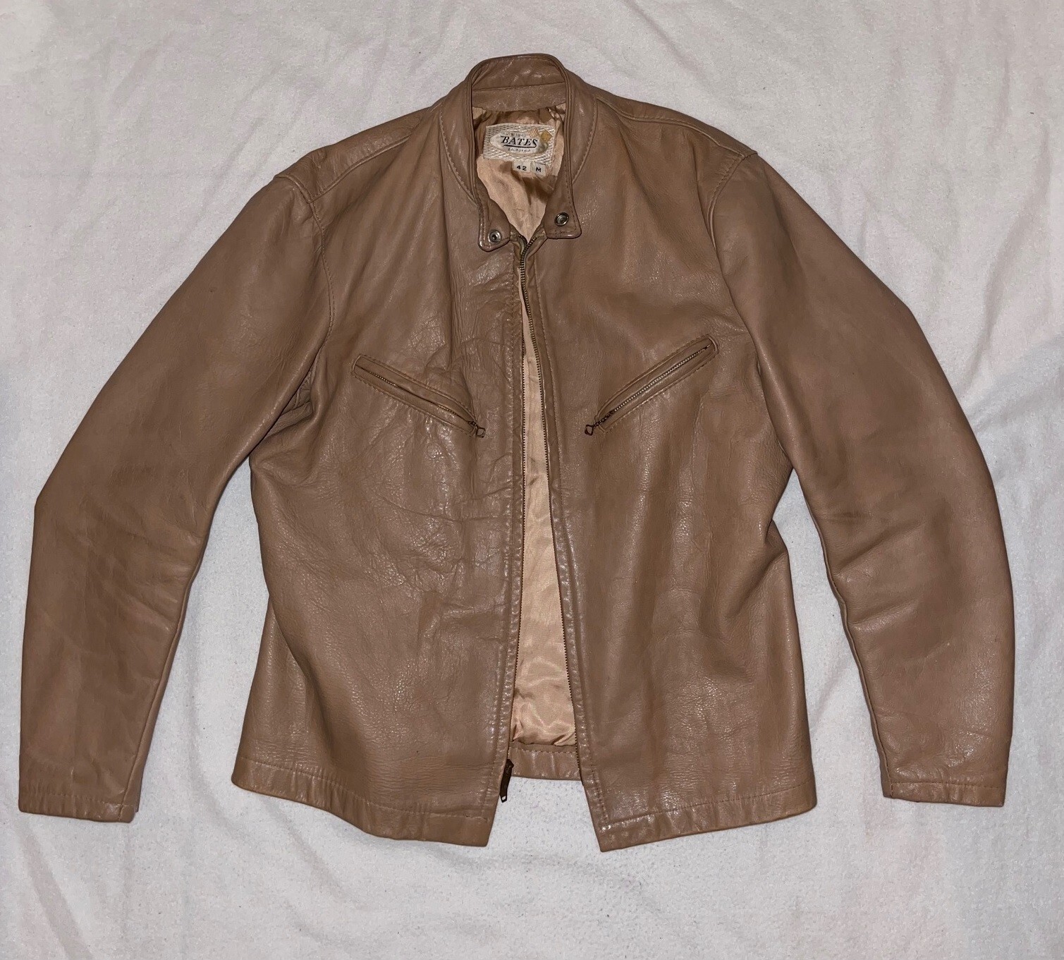 RARE tan Bates leather motorcycle jacket ture vintage… - Gem