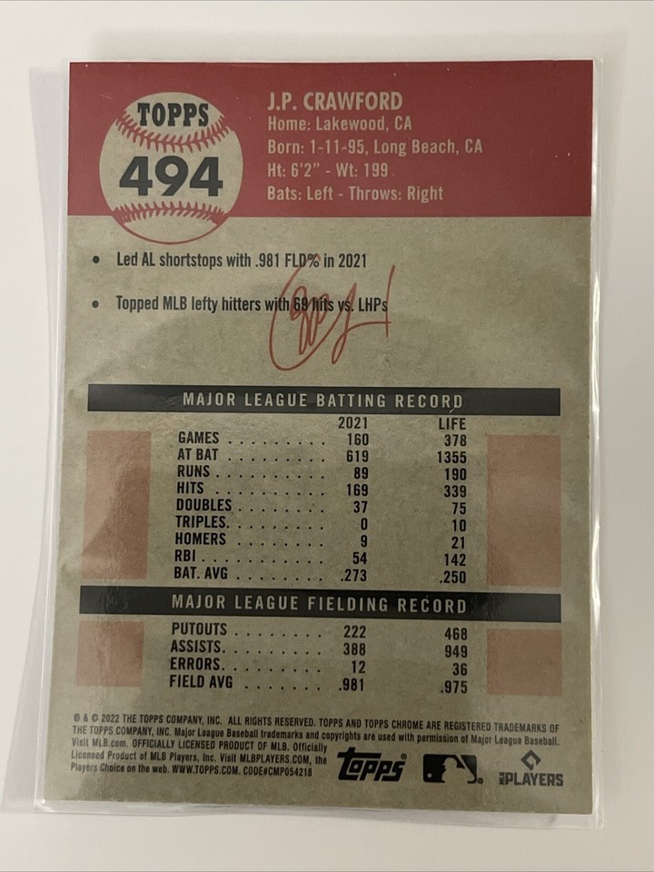 2022 Topps Chrome Card #494 J.P. Crawford Shortstop Seattle Mariners | eBay