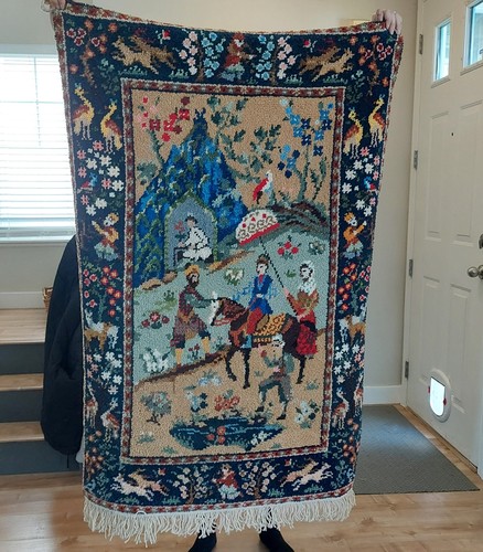 Vintage Hooked Rug Wool Tapestry Wall Hanging 4.7 x 3 ft Persian ...