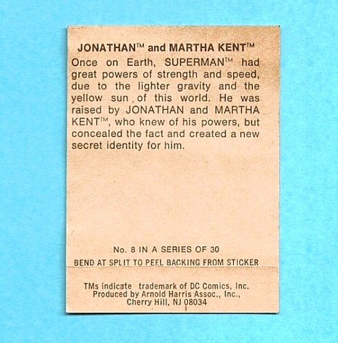 Superman 1978 DC Super Heroes Sticker Jonathan & Martha Kent #8 Vg B524 ...