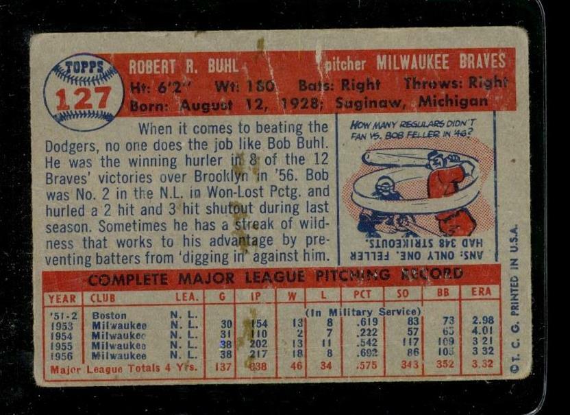 Vintage 1957 Baseball Trading Card TOPPS #127 BOB BUHL Milwaukee Braves ...