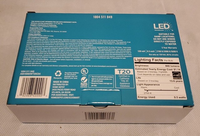 Ecosmart LED 60w Replacement Dimmable Bulb A9A19A60WT20C04 4 Pack ...