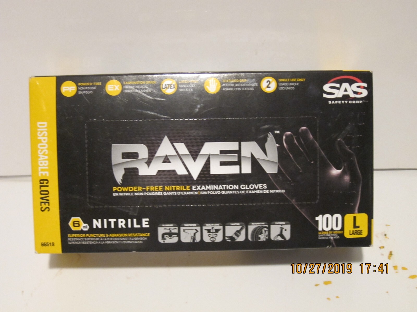 SAS Safety 66518 Raven Powder-Free Disposable Black Nitrile 7 Mil ...