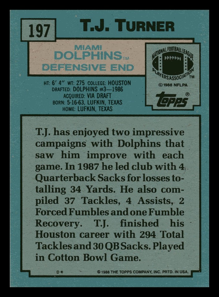1988 Topps T.J. Turner Rookie #197 Miami Dolphins Mint | eBay