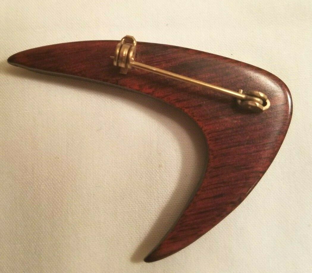 Vintage Boomerang Polished Wood Pin Brooch 1950's Ret… - Gem