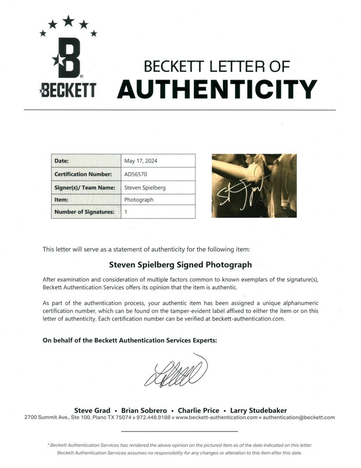 STEVEN SPIELBERG SIGNED CLOSE ENCOUNTERS 11X14 BECKETT BAS FULL LOA COA ...