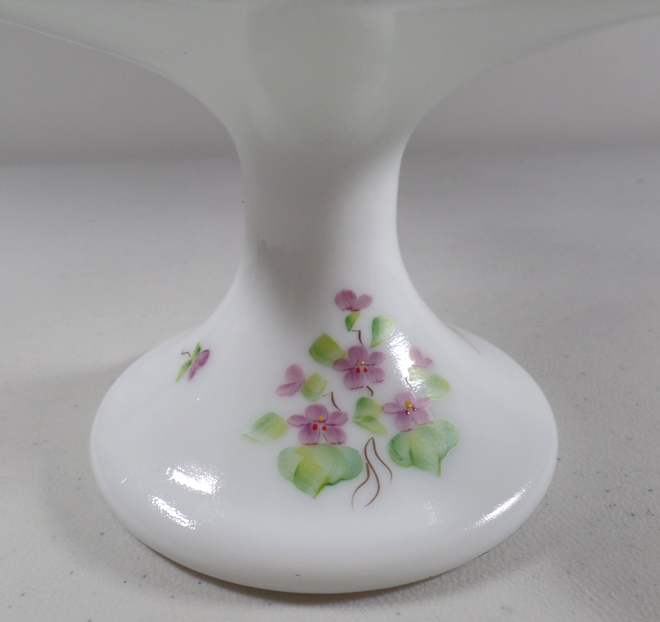 Fenton Hand Painted "Violets in the Snow" Silver Crest Pedestal Compote ...