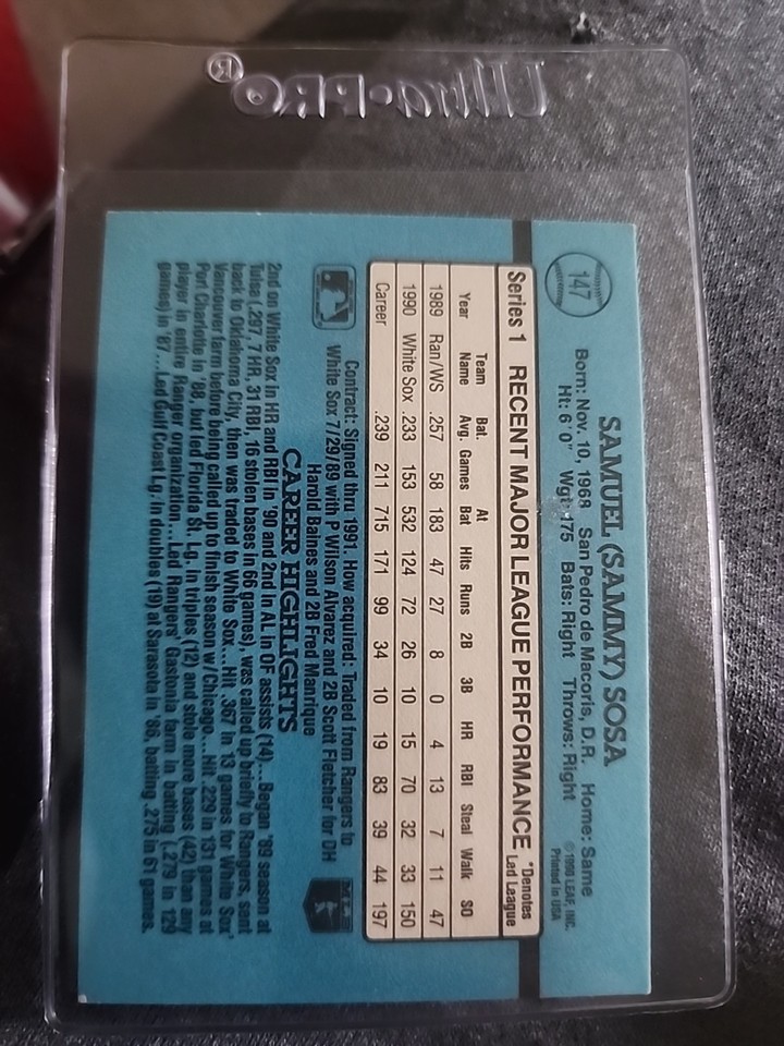 1991 Donruss - Sammy Sosa #147 Blue Stripes on Right Border Error Card ...