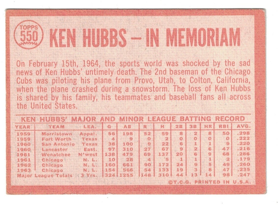 1964 Topps #550, Ken Hubbs, Chicago Cubs, EX | eBay