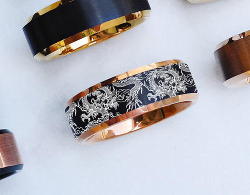 Engraved Black Tungsten Traditional Dragon Lore Pattern Wedding Band ...
