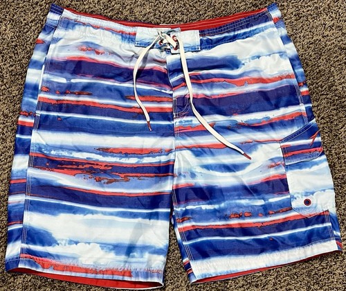 Men’s Speedo Shorts Size Large Red, White/ Blue Splatterd Stripes ...