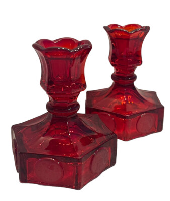 Set of Two Fostoria Ruby Red Coin Glass Candle Holders vintage Liberty ...
