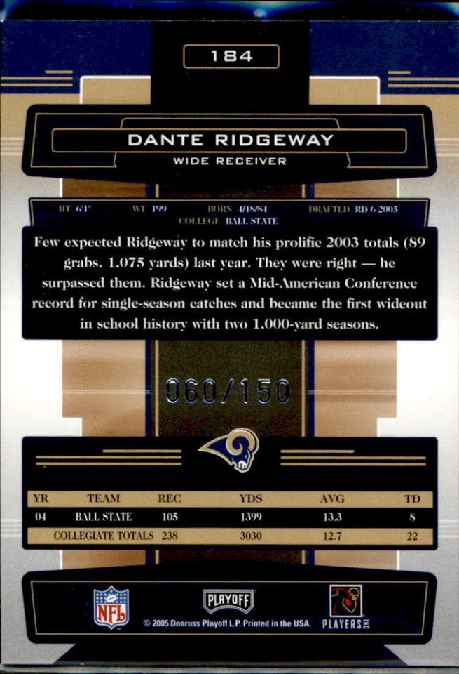 DANTE RIDGEWAY ST LOUIS RAMS PACK SIGNED 2005 ABSOULUTE MEM. SPECTRUM ...