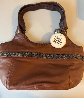 The Sak Indio Hobo Handbag Tobacco Brown Leather Beaded Trim NWT | eBay