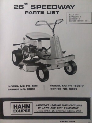 Hahn-Eclipse 26" Speedway Riding Mower Tractor Parts Manual PS-526 9023 ...
