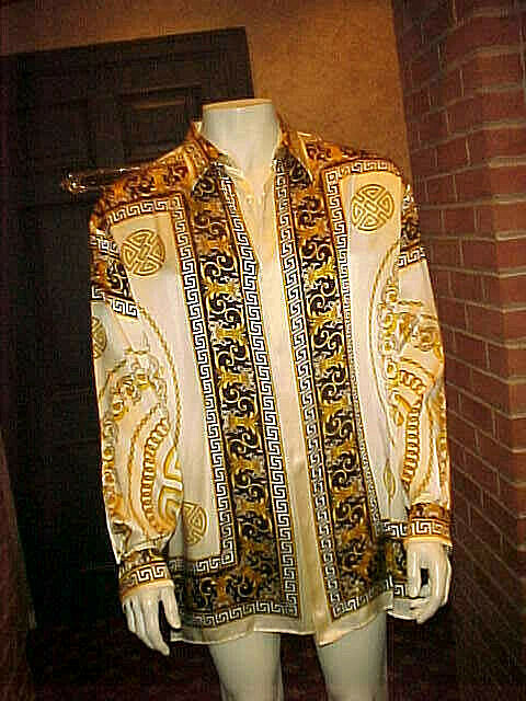 VINTAGE MENS GENELLI SILK SHIRT GOLD WITH BLACK WHITE… - Gem