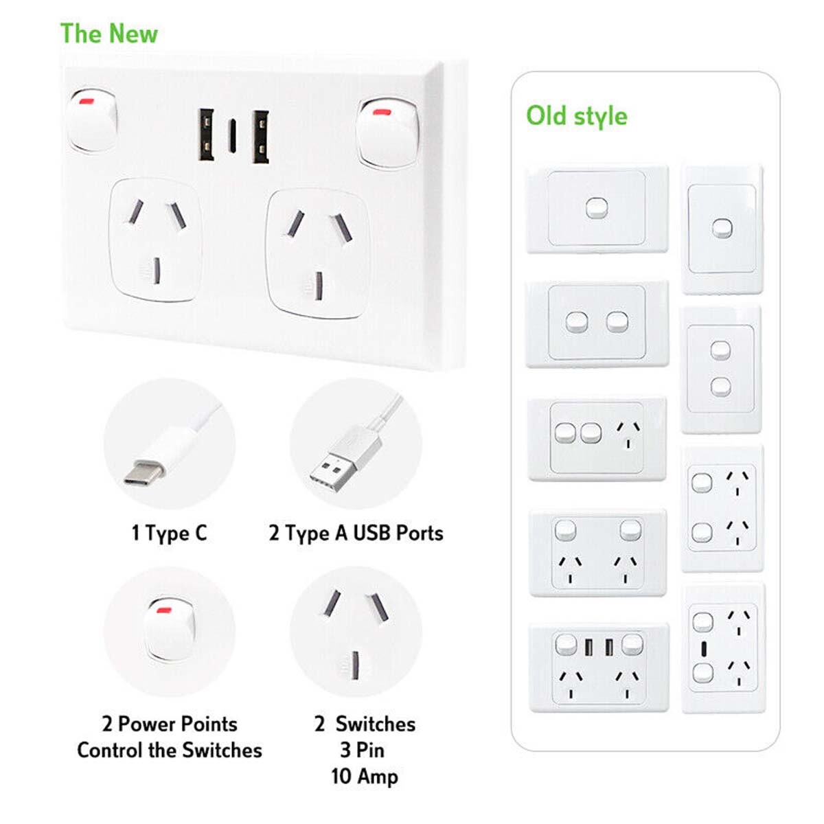 LERASCOTT Fast Charge 10A amp Dual USB Type-C Double Power Point GPO ...