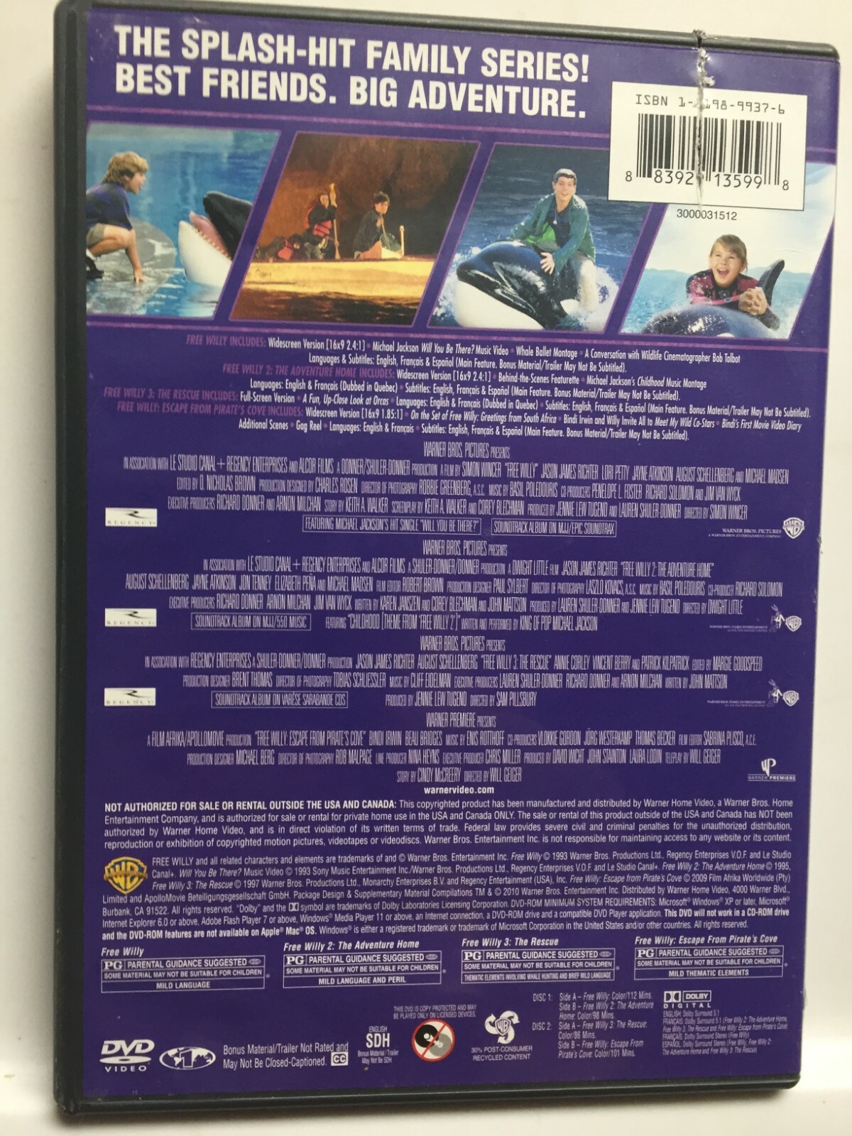 Free Willy 4-Film Collection 1,2,3,4 (DVD,2010,4-Disc Set) Great Shape ...