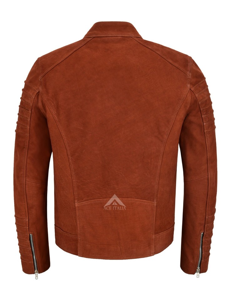 Mens Classic Leather Jacket Chestnut Nubuck ZIp Cuffs Racer Leather ...