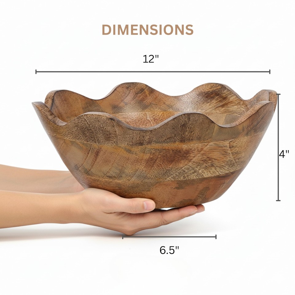 Scalloped Decorative Wooden Bowl | 12 Inch Mango Wood Fruit & Serving ...