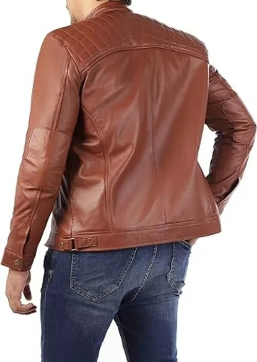 Men's Tan Leather Jacket Real Lambskin Cafe Racer Biker Leather Jacket ...