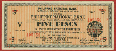 PHILIPPINE NATIONAL BANK 1941 EMERGENCY NEGROS 5 PESOS (PICK#S626) XF+ ...