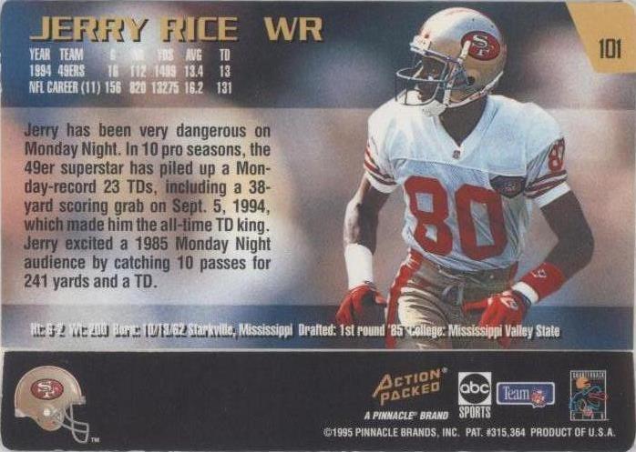 1995 Action Packed Monday Night Football Jerry Rice #101 for sale | eBay