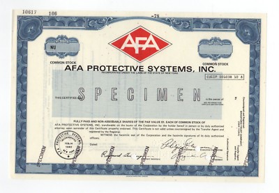 SPECIMEN - AFA Protective Systems, Inc. Stock Certificate | eBay