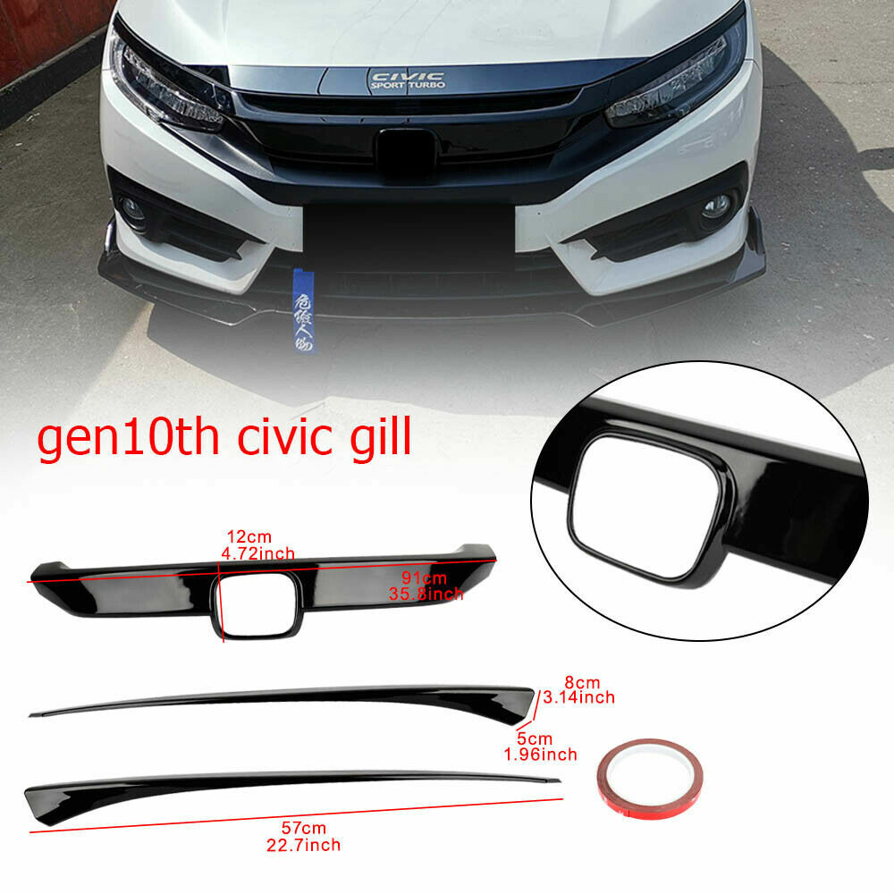 3PCS Front Bumper Cover Sport Grille ABS Glossy Black for honda civic ...