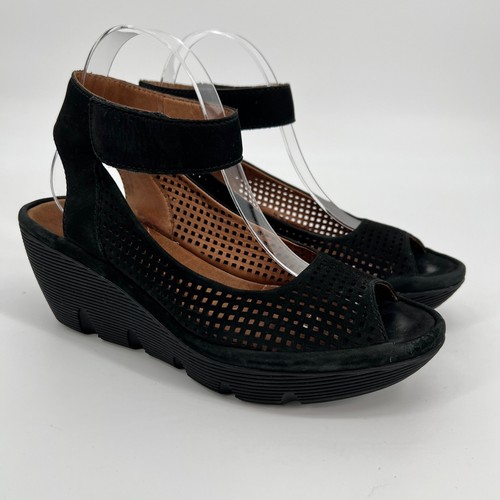 Clarks Reedly Salene Wedge Sandals 8.5 Black Suede Leather Perforated ...